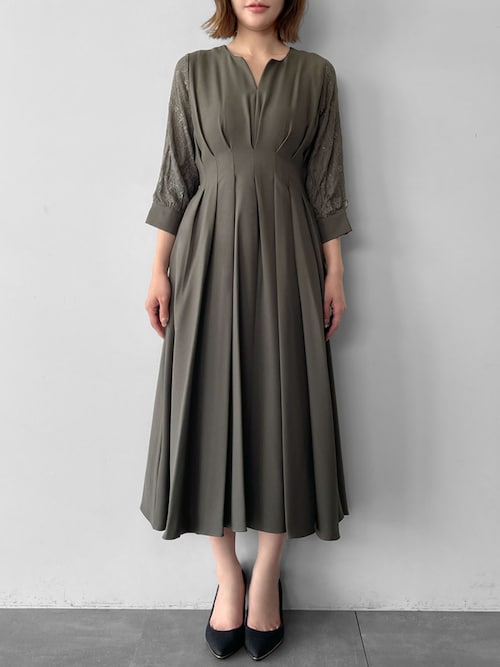 セール】レーススリーブXラインキーネック ロング 結婚式 ワンピース