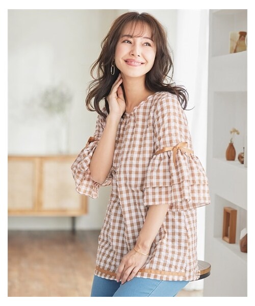 nissen（ニッセン）の「大きいサイズ フレアスリーブリボン使いチェック柄ブラウス（OtonaSMILE）（シャツ/ブラウス）」 - WEAR