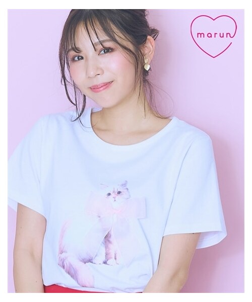 nissen（ニッセン）の「＜大きいサイズ＞綿100％キャットプリントリボン付Tシャツ marun（Tシャツ/カットソー）」 - WEAR